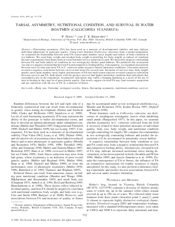 (PDF) TARSAL ASYMMETRY, NUTRITIONAL CONDITION, AND SURVIVAL IN WATER ...