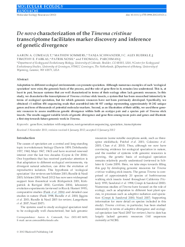 (PDF) De novo characterization of the Timema cristinae transcriptome ...