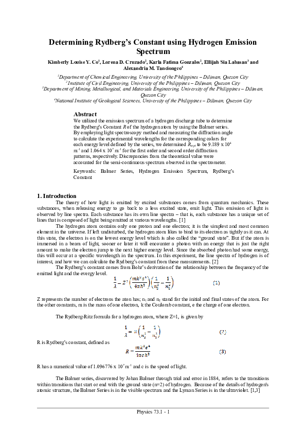 (DOC) Determining Rydberg's Constant
