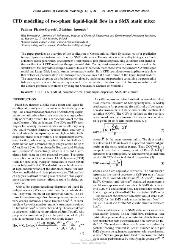 (PDF) CFD modelling of two-phase liquid-liquid flow in a SMX static mixer