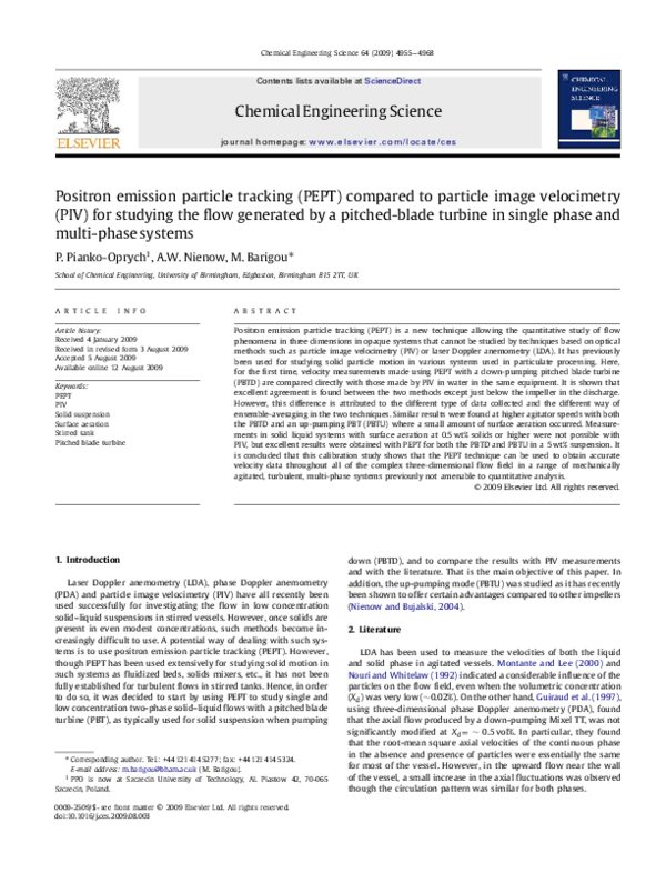 (PDF) Positron emission particle tracking (PEPT) compared to particle image velocimetry (PIV ...