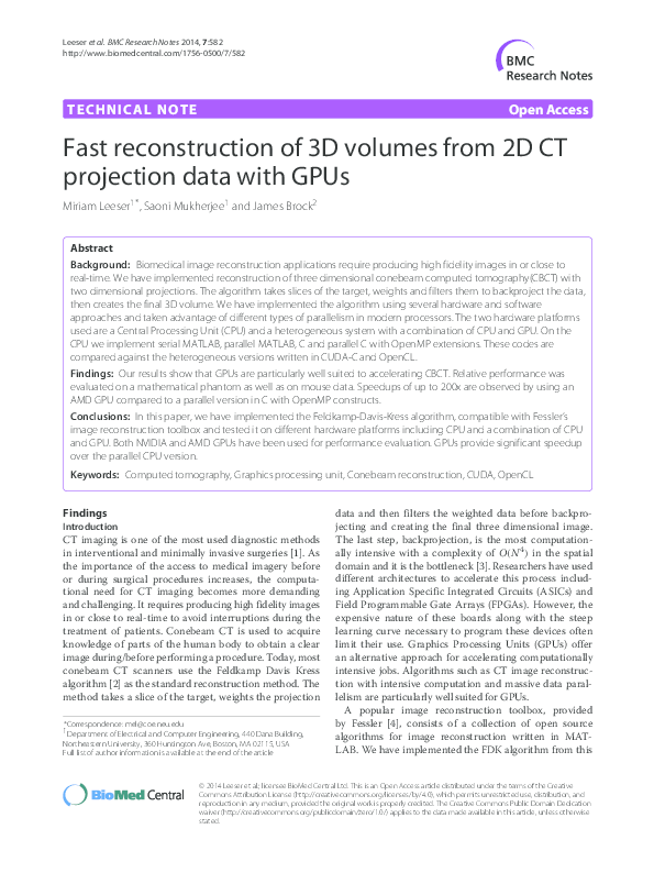 (PDF) Fast reconstruction of 3D volumes from 2D CT projection data with ...