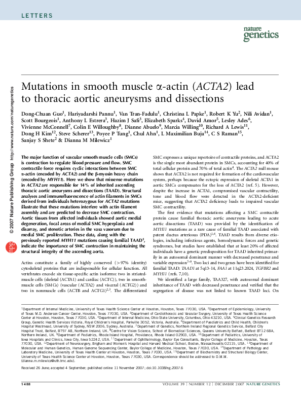 (PDF) Mutations in smooth muscle α-actin (ACTA2) lead to thoracic ...