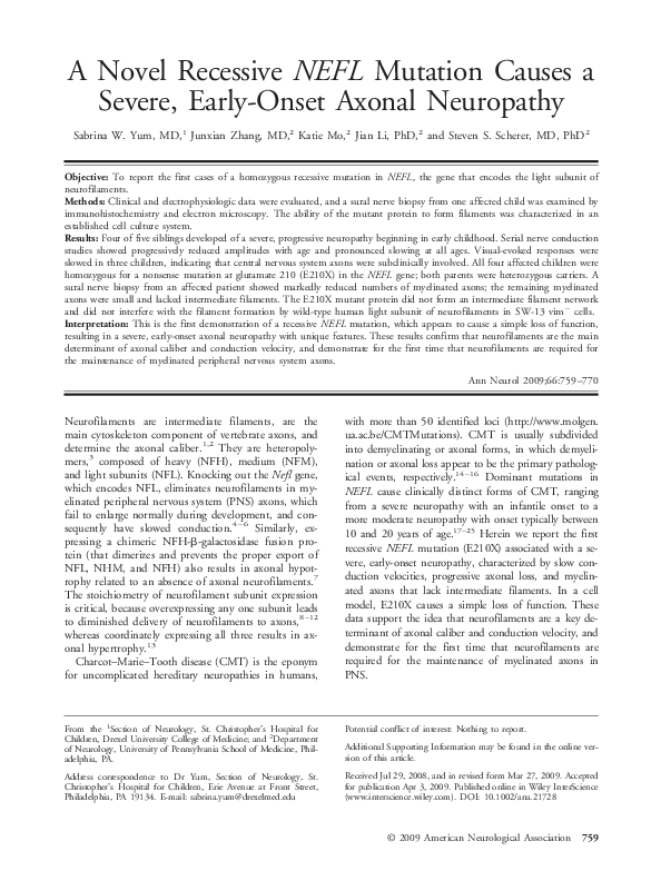 (PDF) A novel recessive Nefl mutation causes a severe, early-onset ...