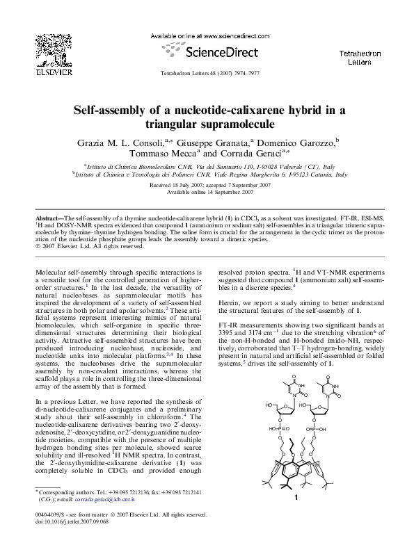 (PDF) Self-assembly of a nucleotide-calixarene hybrid in a triangular ...