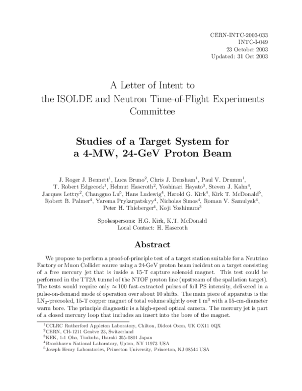 (PDF) A Letter of Intent to the ISOLDE and Neutron Time-of-Flight ...