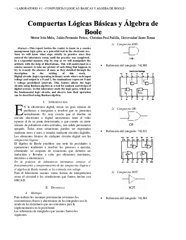 (PDF) LABORATORIO # 1 – COMPUERTAS LOGICAS BASICAS Y ALGEBA DE BOOLE