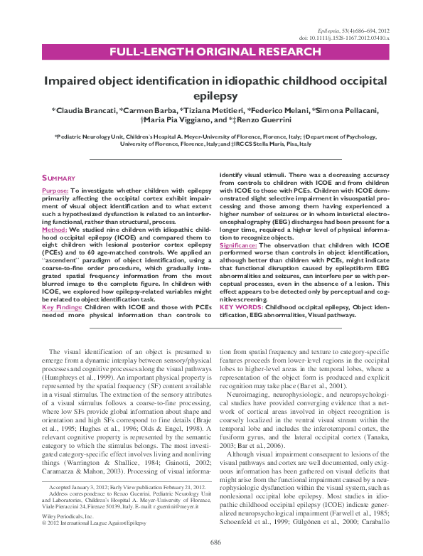 (PDF) Impaired object identification in idiopathic childhood occipital ...
