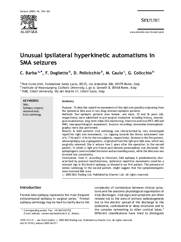 (PDF) Unusual ipsilateral hyperkinetic automatisms in SMA seizures