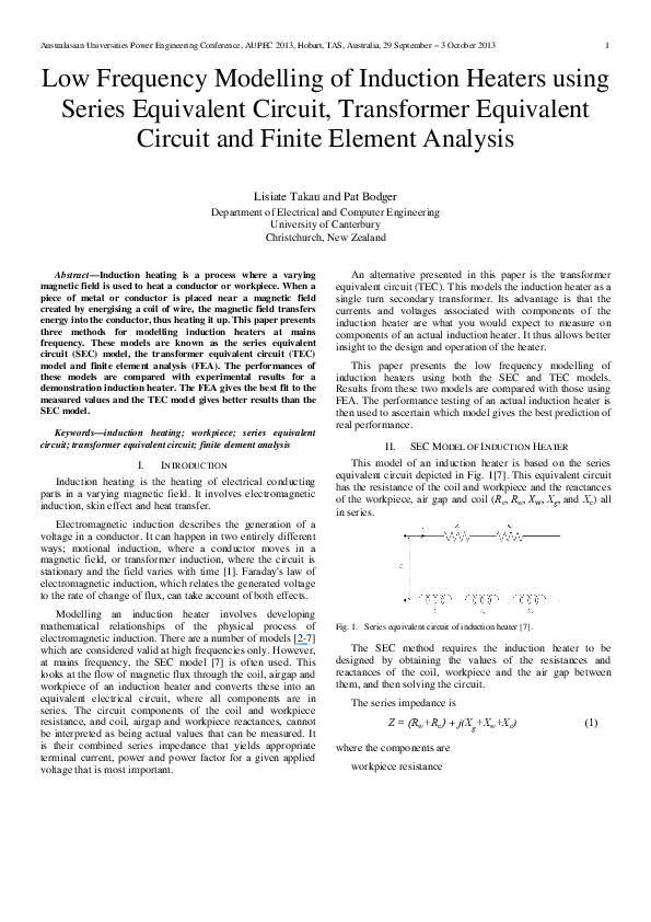 (PDF) Low frequency modelling of induction heaters using series equivalent circuit, transformer ...