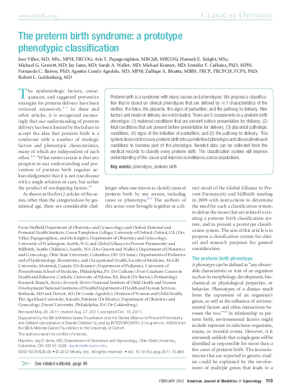 (PDF) The preterm birth syndrome: a prototype phenotypic classification