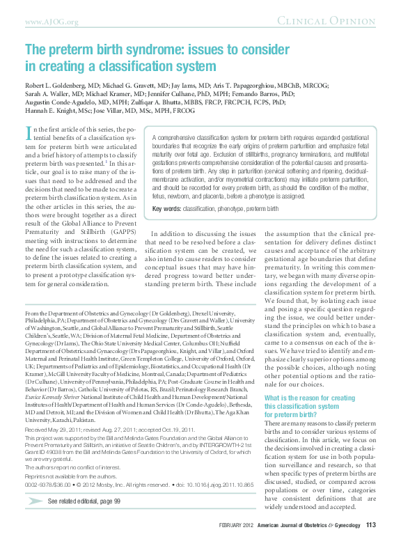 (PDF) The preterm birth syndrome: issues to consider in creating a ...