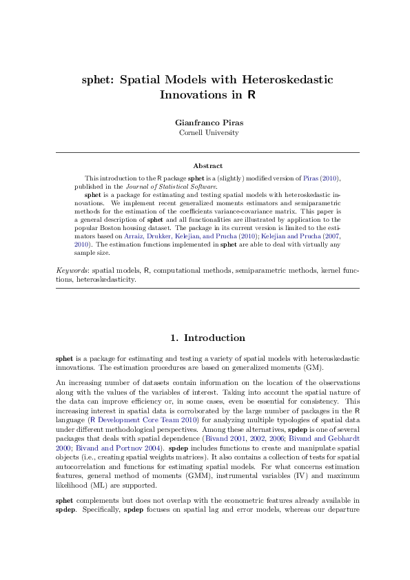 (PDF) sphet: Spatial Models with Heteroskedastic Innovations in R