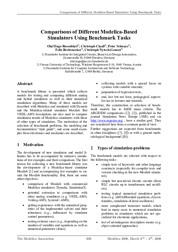 (PDF) Comparisons of Different Modelica-Based Simulators Using Benchmark Tasks
