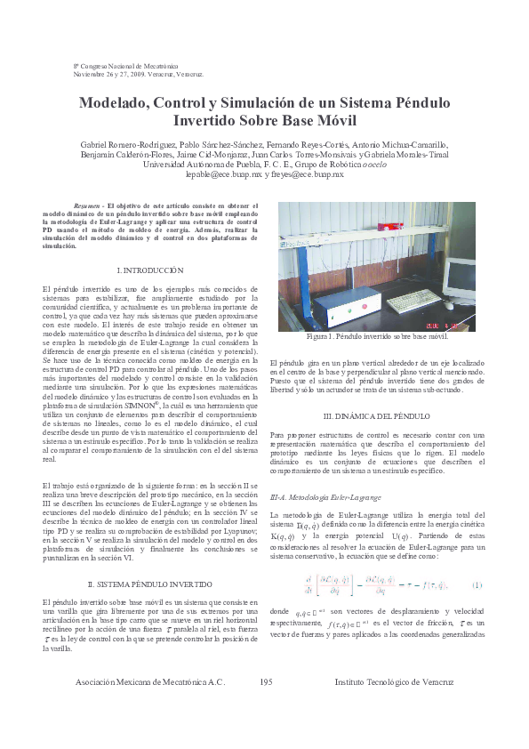 (PDF) Modelado, Control y Simulación de un Sistema Péndulo Invertido Sobre Base Móvil