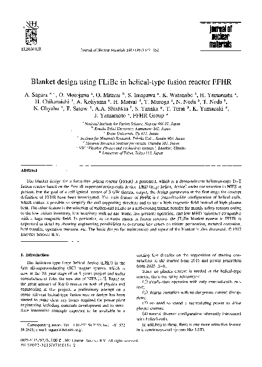 (PDF) Blanket design using FLiBe in helical-type fusion reactor FFHR