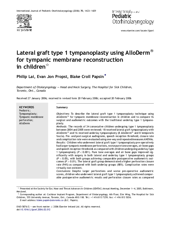 (PDF) Lateral graft type 1 tympanoplasty using AlloDerm® for tympanic ...