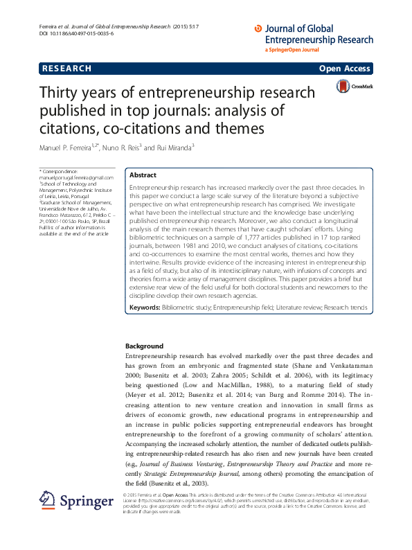 (PDF) Thirty years of entrepreneurship research published in top ...
