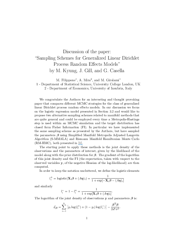 Pdf Discussion Of The Paper “sampling Schemes For Generalized Linear Dirichlet Process Random