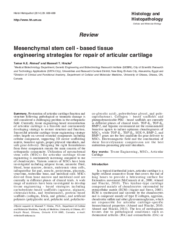 (PDF) Mesenchymal stem cell-based tissue engineering strategies for repair of articular cartilage