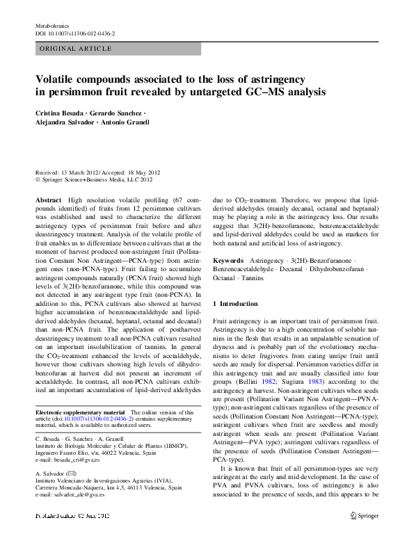 (PDF) Volatile compounds associated to the loss of astringency in persimmon fruit revealed by ...