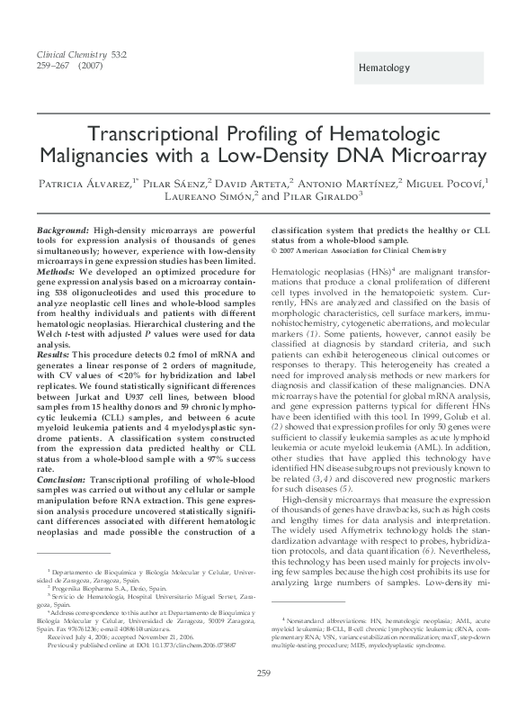 (PDF) Transcriptional Profiling of Hematologic Malignancies with a Low-Density DNA Microarray