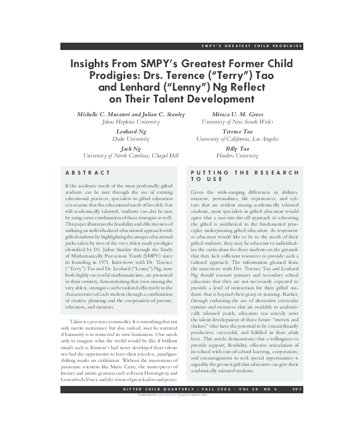(PDF) Insights From SMPY's Greatest Former Child Prodigies: Drs ...
