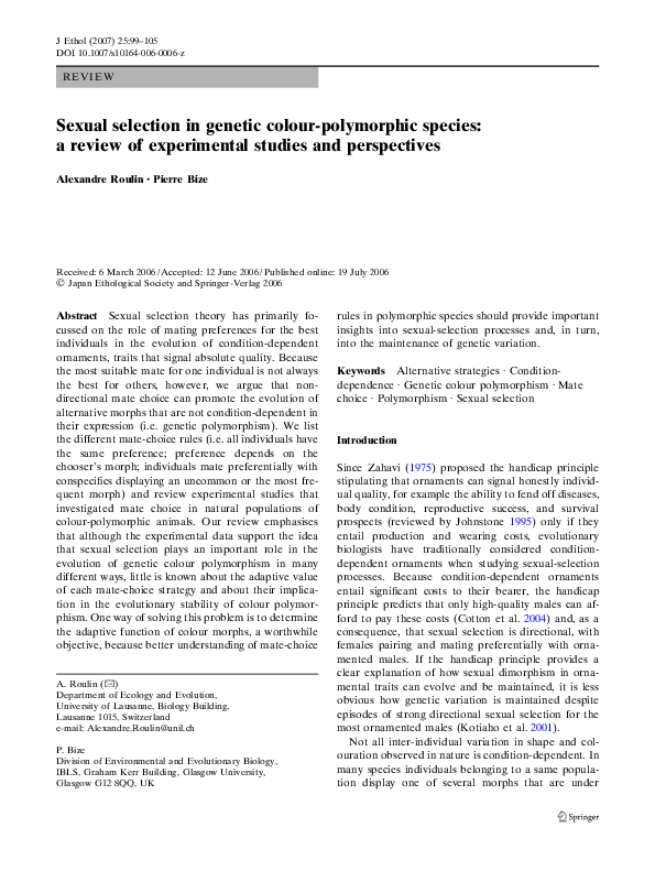Pdf Sexual Selection In Genetic Colour Polymorphic Species A Review