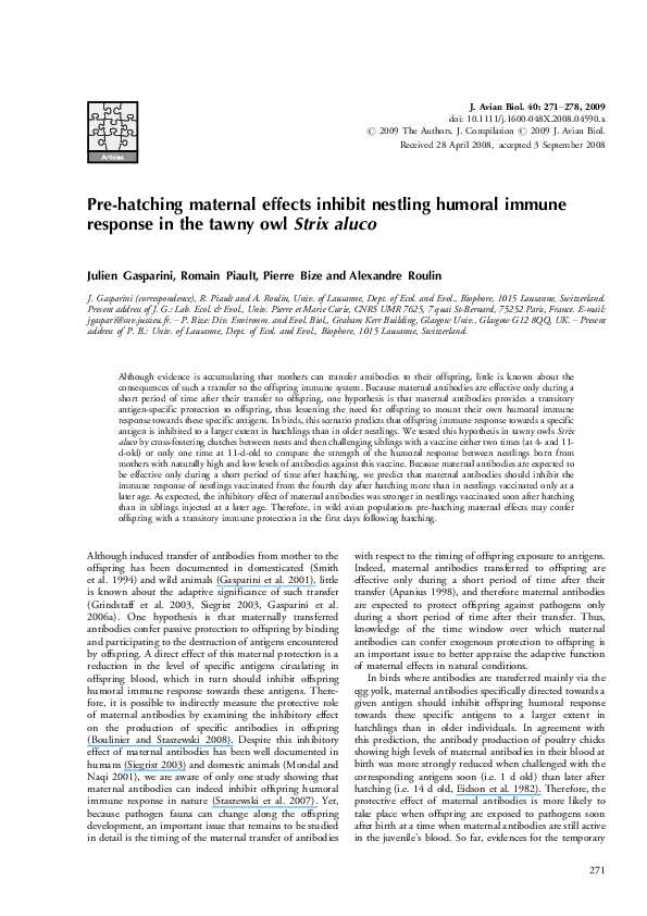 (PDF) Pre-hatching maternal effects inhibit nestling humoral immune ...