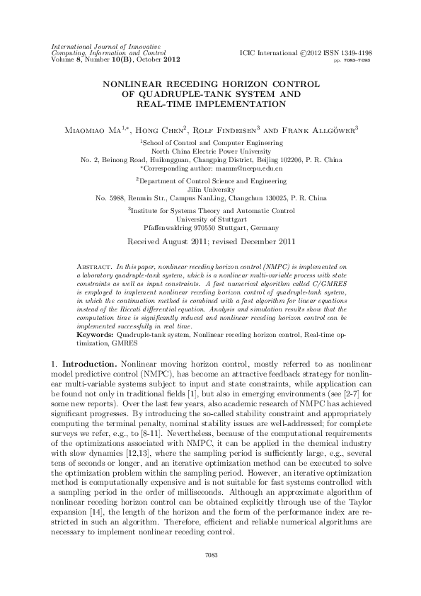 (PDF) Non linear receding horizon control of quadruple tank system and real time implementation