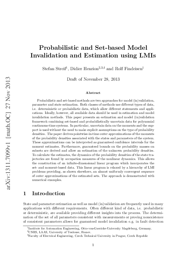 (PDF) Probabilistic and Set-Based Model Invalidation and Estimation Using LMIs
