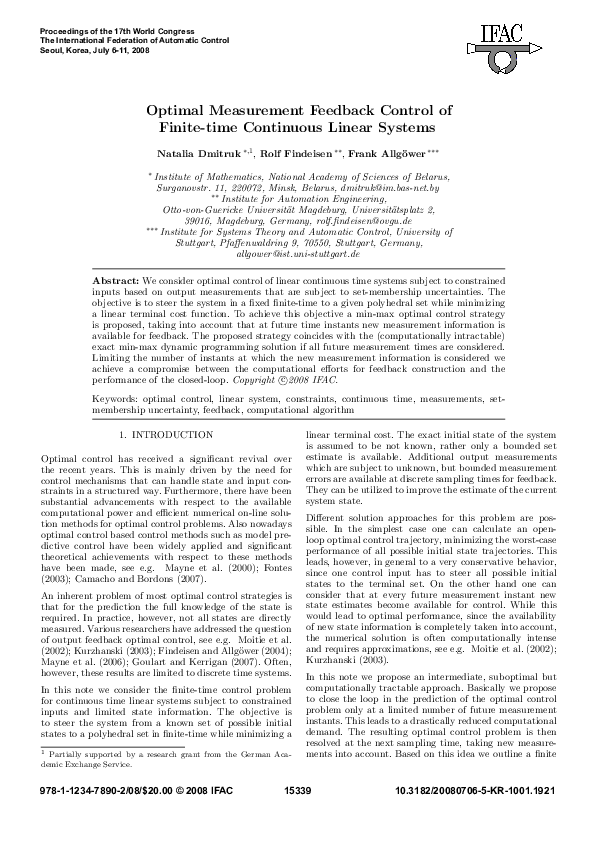 (PDF) Optimal measurement feedback control of finite-time continuous ...