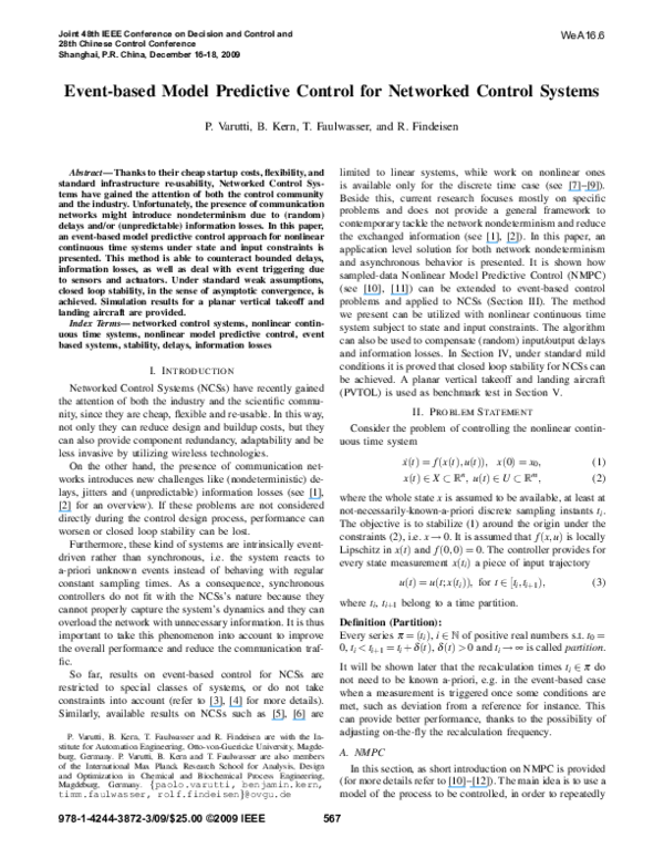 Pdf Event Based Model Predictive Control For Networked Control Systems Rolf Findeisen