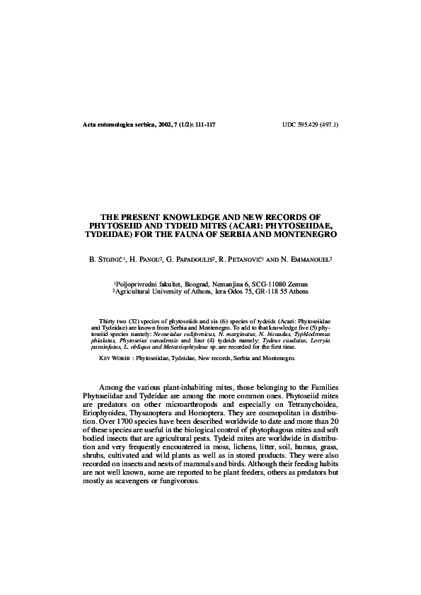 (PDF) THE PRESENT KNOWLEDGE AND NEW RECORDS OF PHYTOSEIID AND TYDEID ...