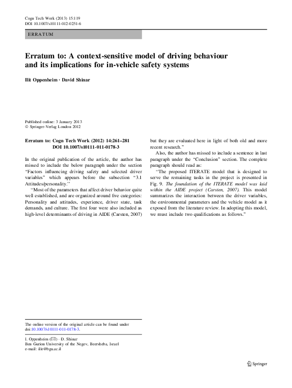 (PDF) A context-sensitive model of driving behaviour and its ...
