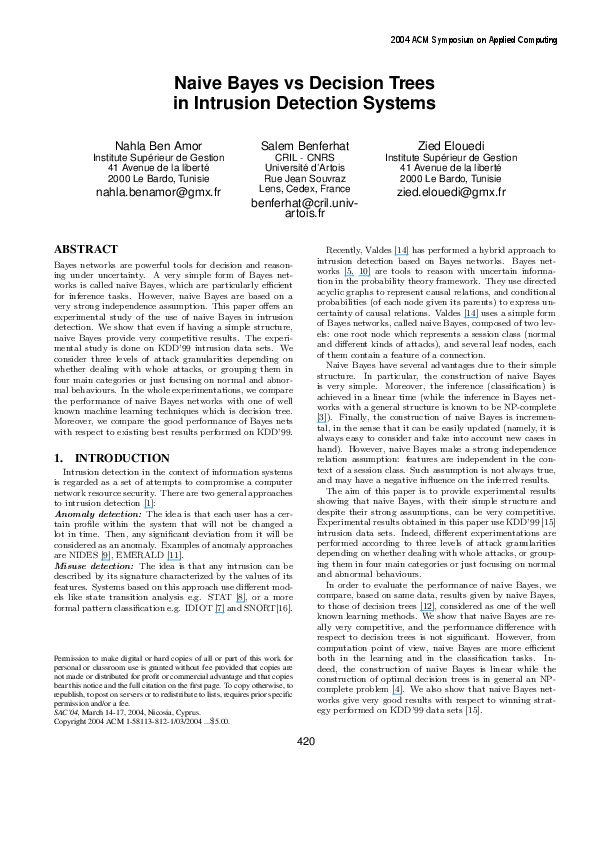 Pdf Naive Bayes Vs Decision Trees In Intrusion Detection Systems