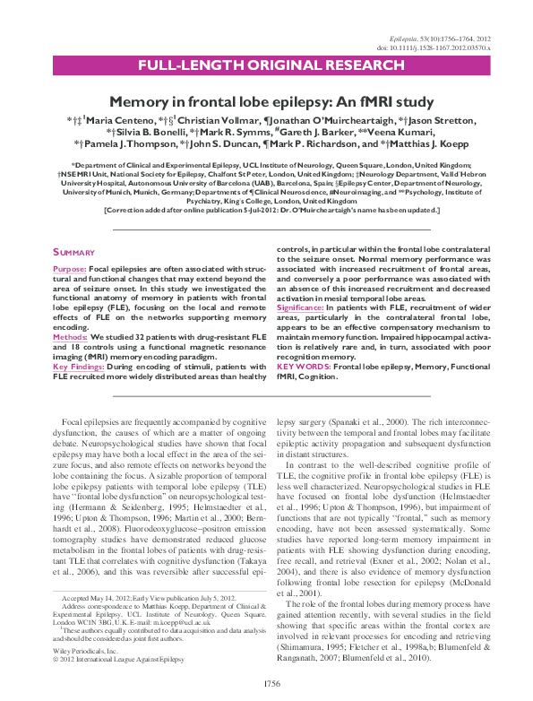 (PDF) Memory in frontal lobe epilepsy: An fMRI study