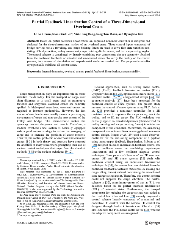 (PDF) Partial Feedback Linearization Control of a Three-Dimensional Overhead Crane