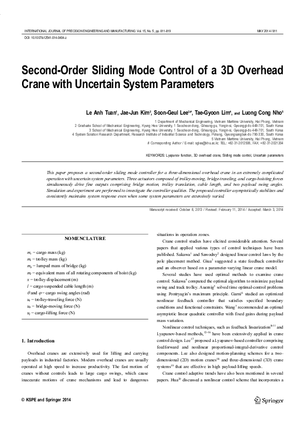 Pdf Second Order Sliding Mode Control Of A 3d Overhead Crane With Uncertain System Parameters