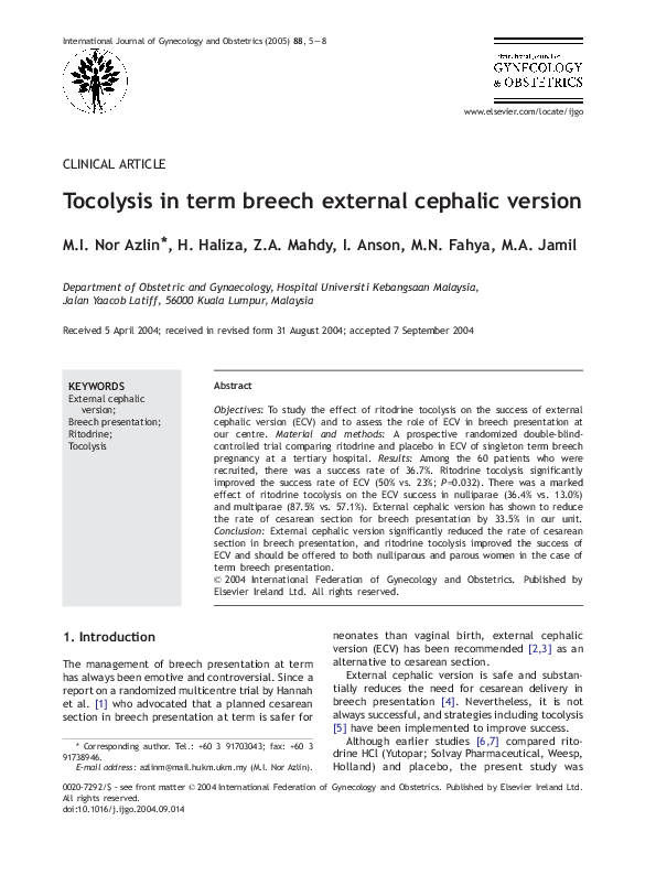 (PDF) Tocolysis in term breech external cephalic version