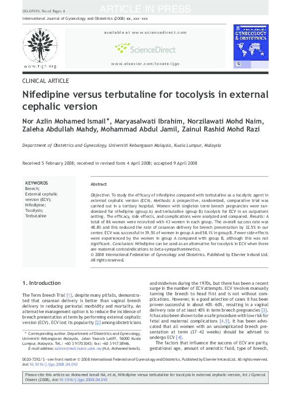 (PDF) Nifedipine versus terbutaline for tocolysis in external cephalic ...