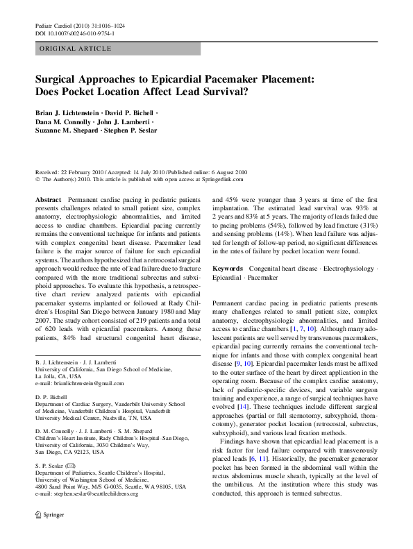 (PDF) Surgical Approaches to Epicardial Pacemaker Placement: Does ...