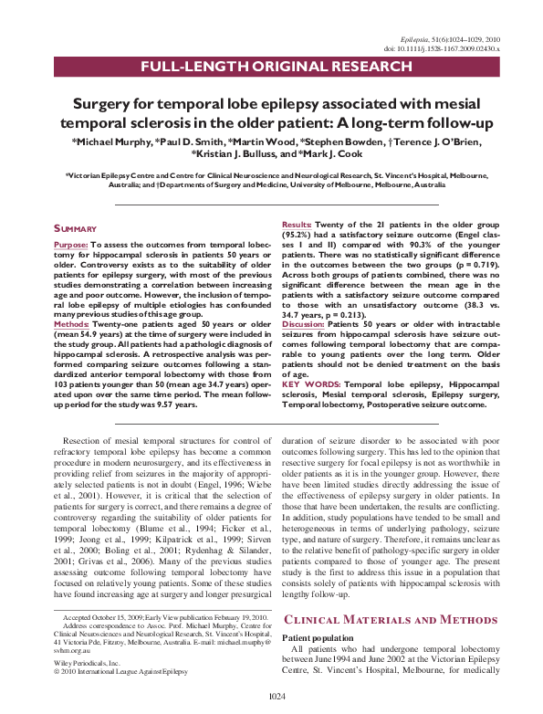 (PDF) Surgery for temporal lobe epilepsy associated with mesial ...