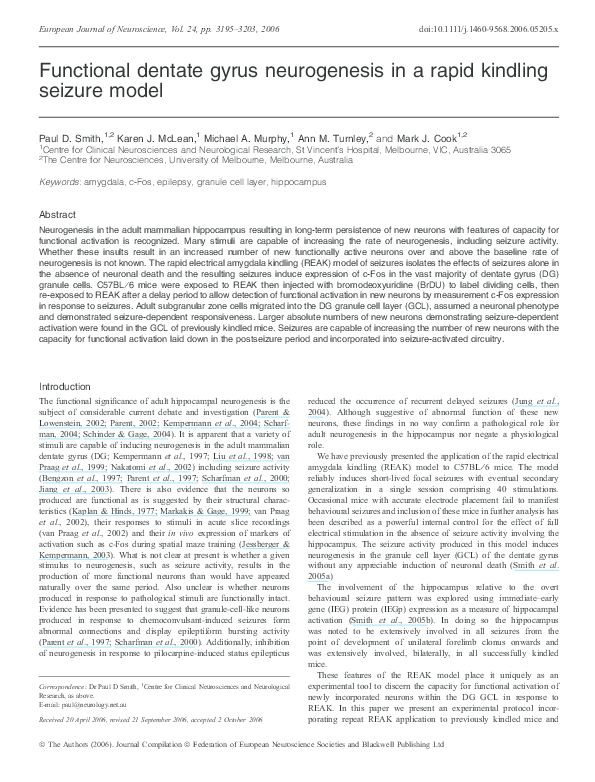 (PDF) Functional dentate gyrus neurogenesis in a rapid kindling seizure ...