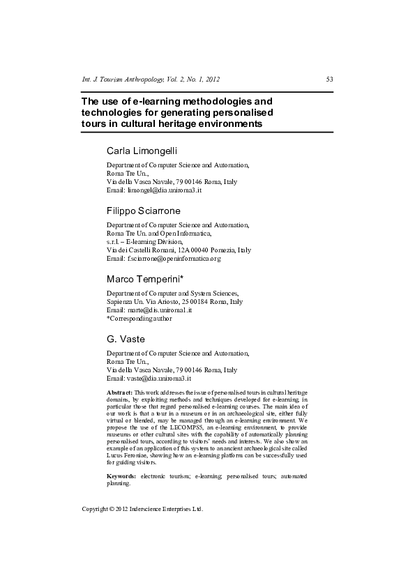 (PDF) The use of e-learning methodologies and technologies for generating personalised tours in ...