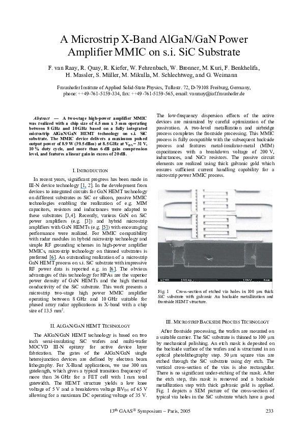 (PDF) A microstrip X-band AlGaN/GaN power amplifier MMIC on s.i. SiC substrate