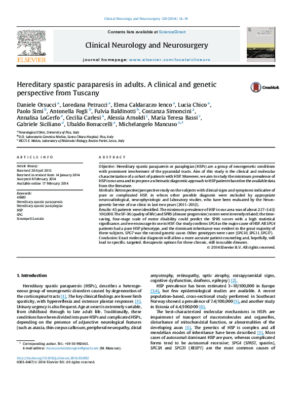 (PDF) Hereditary spastic paraparesis in adults. A clinical and genetic perspective from Tuscany
