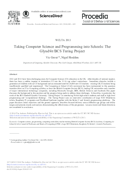 Pdf Taking Computer Science And Programming Into Schools The Glyndŵrbcs Turing Project