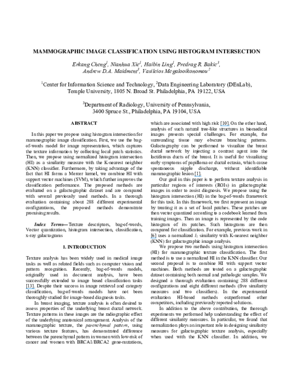 (PDF) Mammographic image classification using histogram intersection