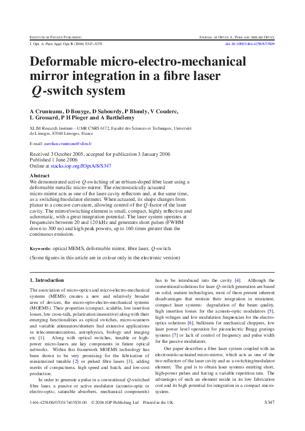 (PDF) Deformable micro-electro-mechanical mirror integration in a fibre laser Q -switch system